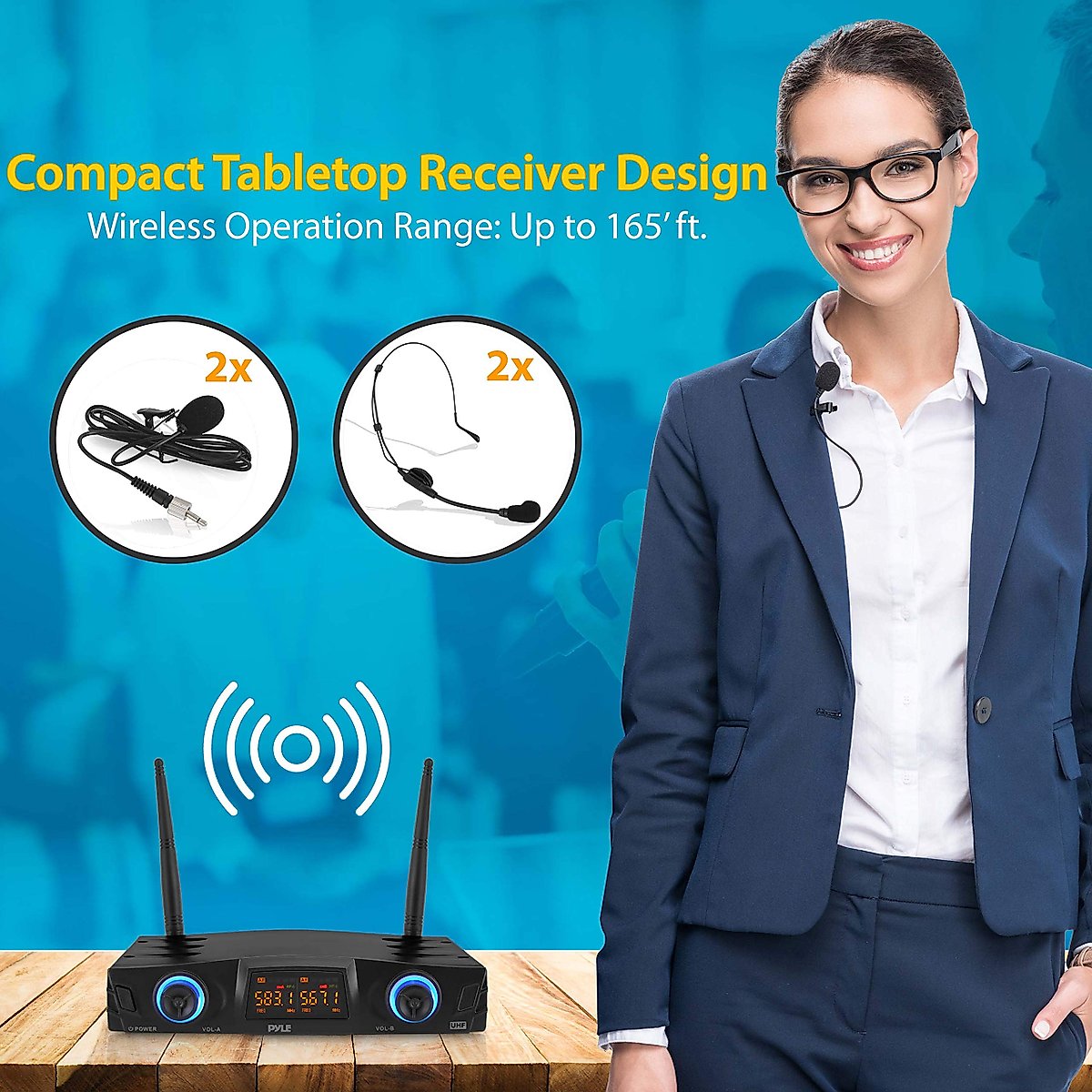 Pyle Compact UHF Wireless Microphone System-Pro Portable Dual Channel Desktop Digital Set w/ 2 Belt-Pack Transmitter, Receiver, 2 Headset, Lavalier Mics, XLR, for Home, PA (PDWM2958B.5)