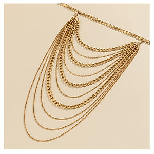 Punk Shoulder Chain Tassel Layered Upper Arm Chain Metal Multi Layer Tassel Shoulder Chain Bikini Fringe Backdrop Necklace for Women (Gold)