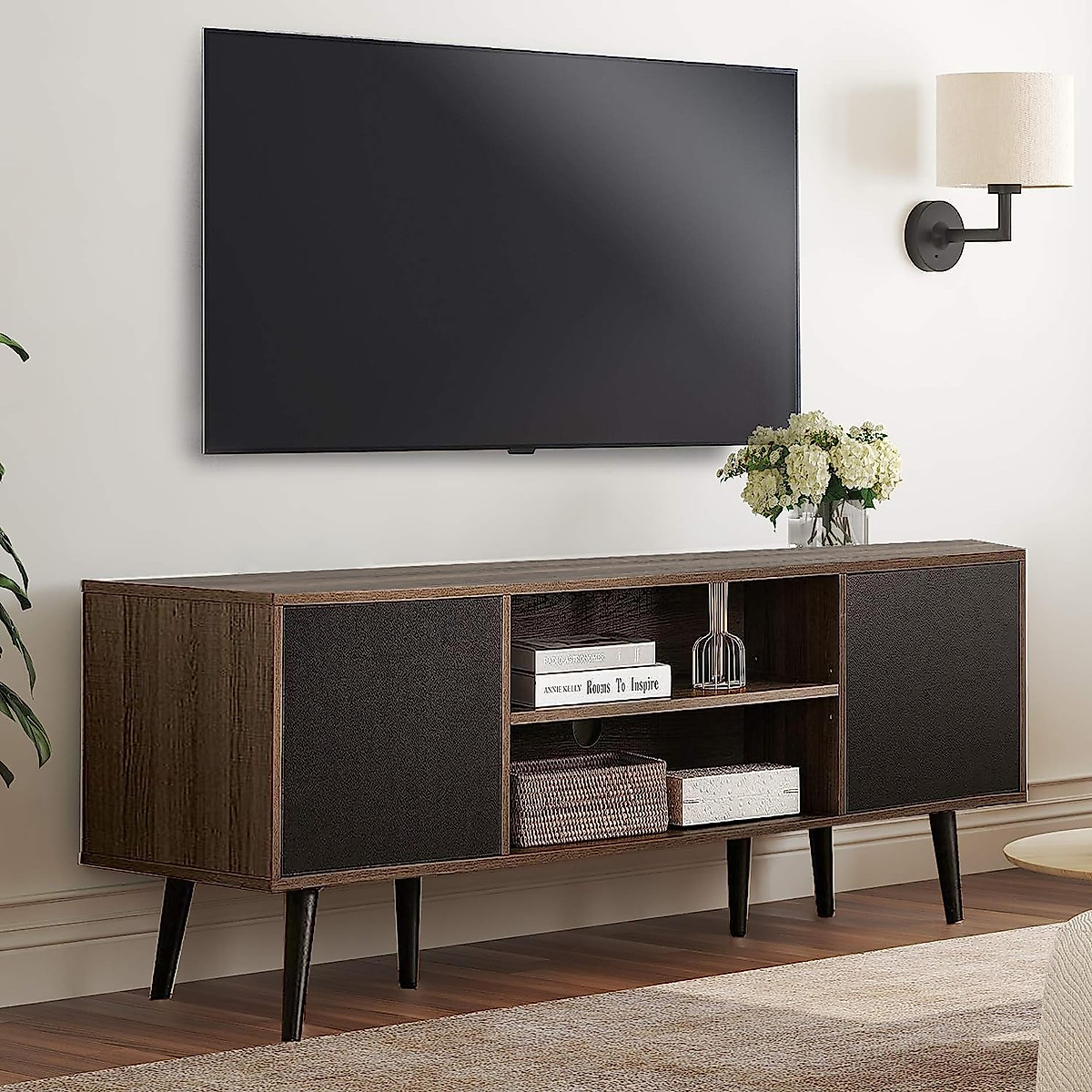 WAMPAT Mid-Century Modern TV Stands for TVs up to 60 '' Flat Screen, Wood Media Console Table with Doors Home Entertainment Center for Living Room, Black
