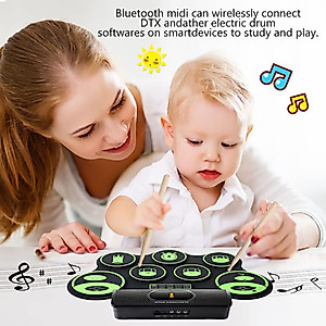 9 Pads Portable Electronic Drum Set with Built-in Speakers, Power Supply, Foot Pedals and Drumsticks, Roll Up Electric Musical Instruments