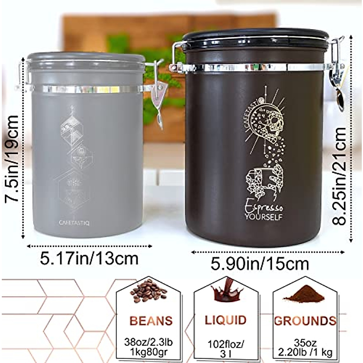 CafetastiQ Coffee Canister - Large 22oz Airtight Coffee Container for Storage with Date Dial and Release Valve - Accessories Scoop (Gray Morning)