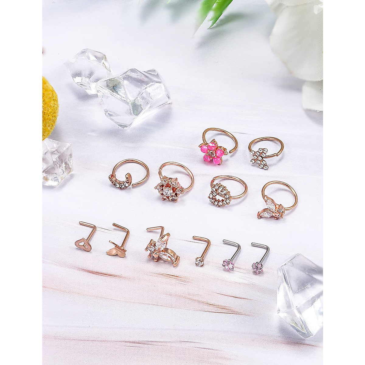 Goerhsjie 20g Nose Rings Hoops Studs Piercings Jewelry for Women Men Surgical Stainless Steel Rose Gold l Shaped Shape Bar Stuf 20 Gauge Hypoallergenic Butterfly Nostril Aretes para La Nariz