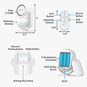 CPVAN 125dB Loud Motion Sensor Alarm with 328ft Remote Control (40ft PIR Detector, Batteries), Indoor Wireless Infrared Security Motion Detector with Siren for Home Garage Van (CP2 Pro, Whtie)