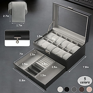 Ogrmar 12 Slot PU Leather Lockable Watch Storage Boxes, Men & Women Jewelry Display Drawer Case, 2-Tier Organizer Watch Showcase with Glass Lid