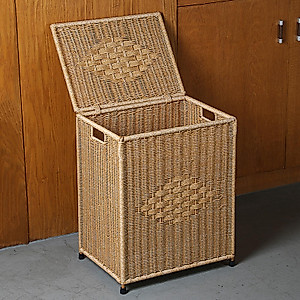 DIIDIIF Shelf Square Laundry Basket With 4 Legs, Handwoven Laundry Hamper With Lid, Metal Skeleton, Imitation Rattan Storage Basket With 2 Handles, 45X35X58cm