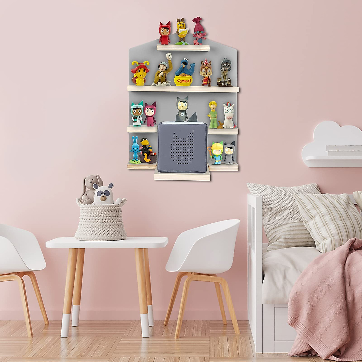 QILUCKY Shelf with Space for 24 Figures, Box Magnetic Wall Shelf for Children to Play and Collect (House - Gray)