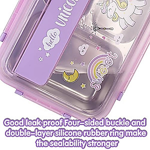 IAMGlobal Unicorn Stainless Steel Bento Box, 3 Compartments Thermal Insulation Food Storage Containers, Kids School Lunch Containers, Leakproof Lunch Box Tableware Set, Girls Food Storage(1.1L)