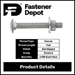 3/8"-16 x 2-1/4" Hot Dipped Galvanized Carriage Bolt w/Nuts & Flat Washers, Grade A, Full Thread, Quantity 100 - by Fastener Depot, LLC