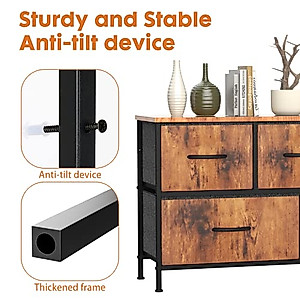 Sweetcrispy Rustic Brown Kids, 5 Dresser Chest Bedroom, Metal Frame and Wood Top for TV Stand up to 45 inch with Fabric Storage Drawer Units for Living Room