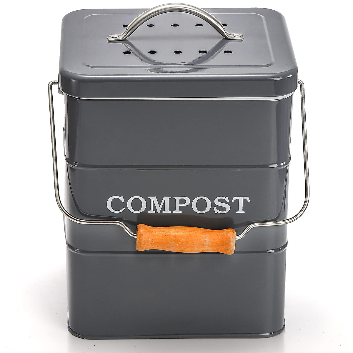 AVLA Compost Bin Kitchen Countertop, 1 Gallon Metal Composter Pail, Food Waste Composting Bucket, Odorless Trash Can with Lid, Scraps Caddy with Charcoal Filter, Counter Trash Keeper Container