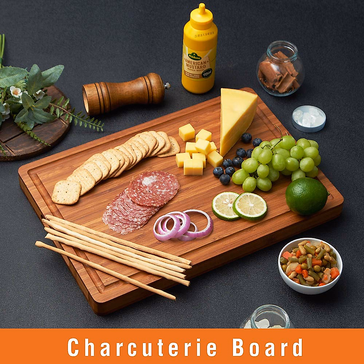 Bamboo Wood Cutting Board for Kitchen, 1" Thick Butcher Block, Cheese Charcuterie Board, with Side Handles and Juice Grooves, 16x11"