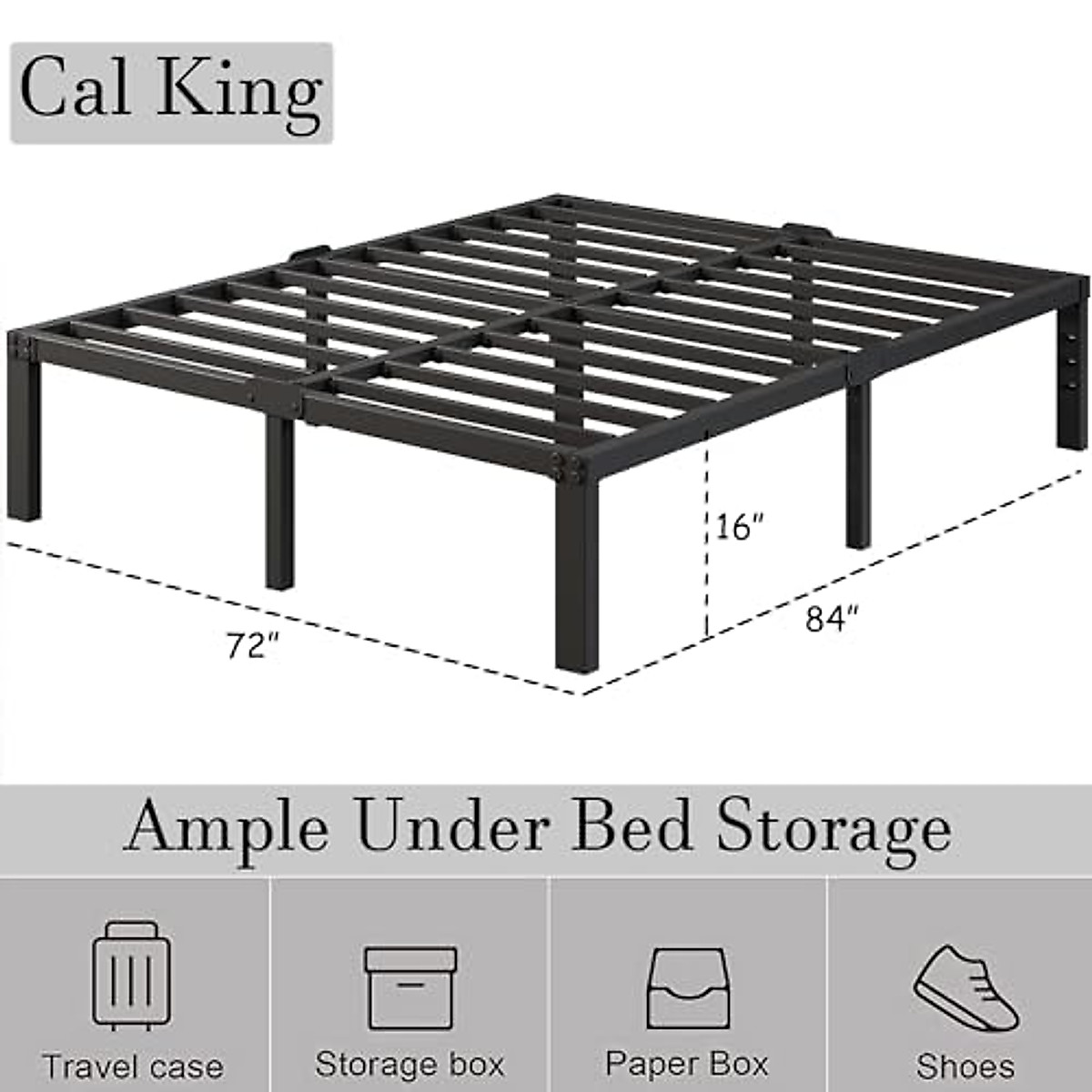 LIJQCI 16 Inch California King Bed Frame 3000 lbs Heavy Duty Metal Platform Bed Frames Large Under Bed Storage Space Mattress Foundation No Box Spring Needed, Noise Free, Black