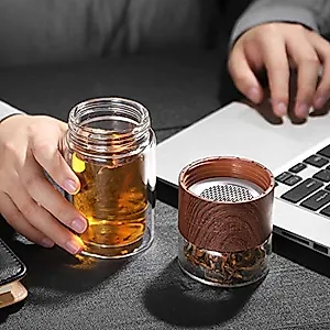 oneisall Tea Infuser Bottle - 7oz Glass Tumbler, Glass Travel Tea Mug for Loose Leaf Tea, Fruit and Cold Brew Coffee (Brown)