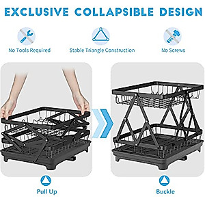 VOGWOLTH Dish Drying Rack, 2 Tier Collapsible Dish Drying Rack with Drainboard for Kitchen Counter Plate Holder Dishes Drainer Dryer Dishrack Dry Stand Folding Countertop Organizer Accessories