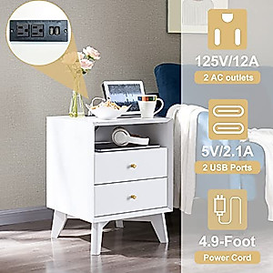 T4TREAM White Nightstand with Charging Station, Mid-Centry Modern Nightstand End Table with 2 Stroage Drawers, Easy Assembly Wood Sofa Side Table for Living Room, Bedroom, Kids Bedroom, Solid White