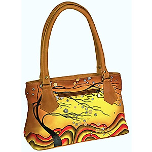 Evi's Bags Women's Hand Painted Genuine Leather Handbag - Shoulder Bag - Hobo, by Evi's Bags. Unique, Large, Handmade Purse - Satchel - Tote. Wearable Art - “Sun & WindIn Bag, Tan, Yellow, Red, Black