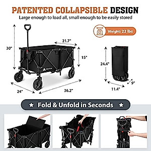 Hikenture Folding Wagon Cart, Portable Large Capacity Beach Wagon, Heavy Duty Utility Collapsible Wagon with All-Terrain Wheels, Outdoor Garden Cart Foldable Wagon for Sports, Shopping, Camping(Black)