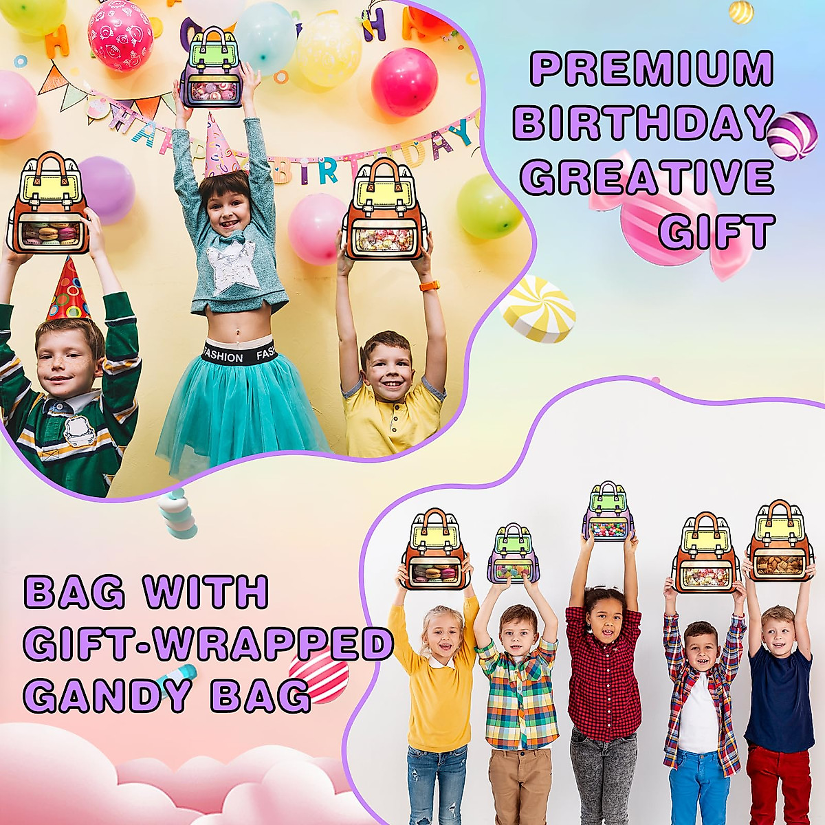 Cecnamt 30 Pcs Plastic Cute Goodie Bags For Kids Bulk Reusable Top Handle Gift Bag Birthday Goodie Bag Back to School Goodie Bags Cute Backpack Goodie Bag with Handle Candy Bag for Kids Party