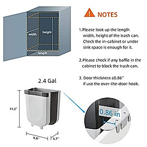 Subekyu Small Hanging Kitchen Trash Can, Collapsible Mini Garbage Bin for Cabinet/Car/Bedroom/Bathroom, Plastic, Grey, 2.4 Gallon
