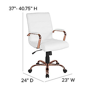 Flash Furniture Whitney Mid-Back Desk Chair - White LeatherSoft Executive Swivel Office Chair with Rose Gold Frame - Swivel Arm Chair