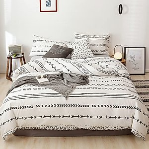iyoimono Queen Size Duvet Cover Set Black Stripe and White Boho Geometric Bedding Set Reversible Quilt Comforter Cover with Zipper Closure (1 Duvet Cover 230x230cm+2 Pillow Shams 51x76cm)