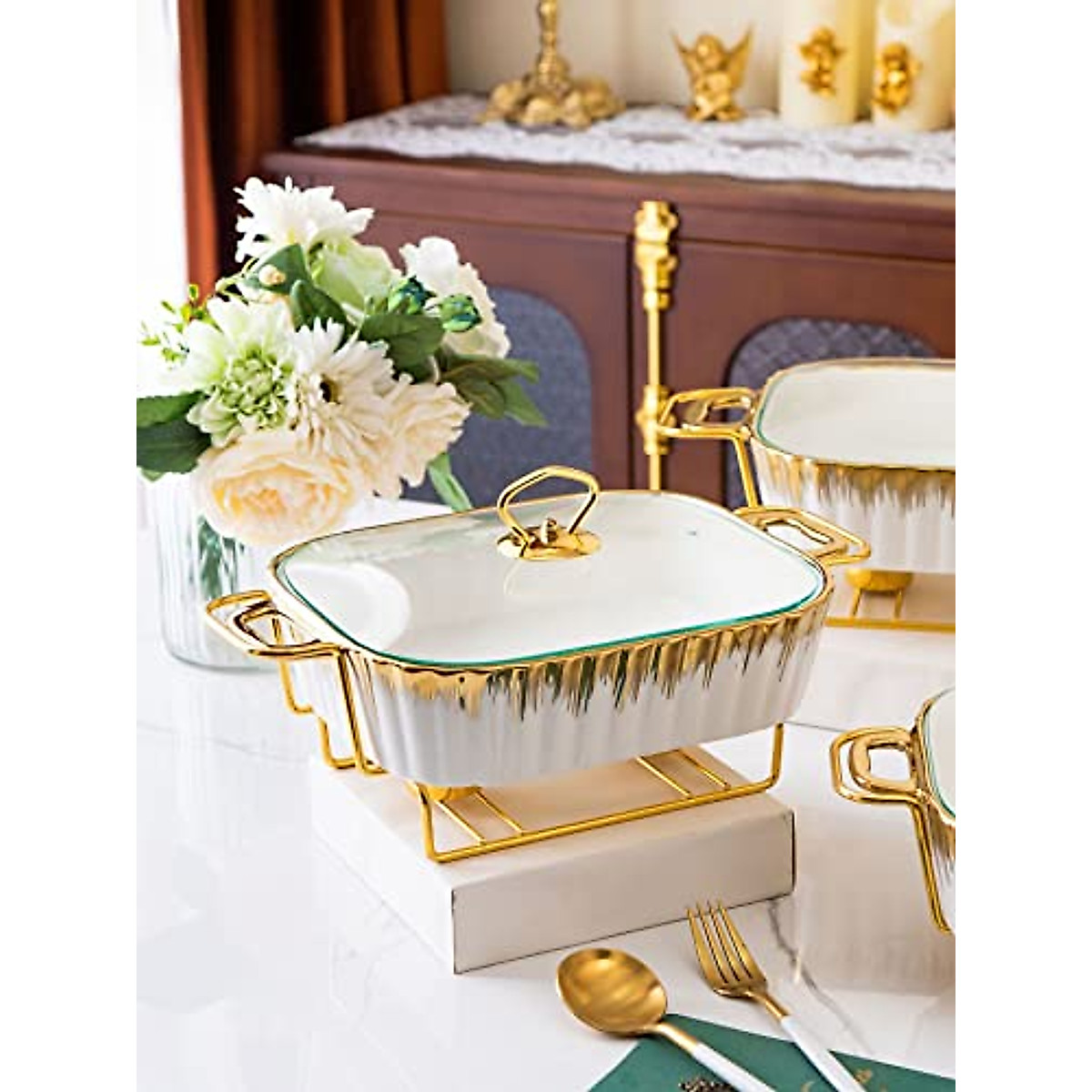 HONHPD 3 Piece Set Chafing Dish Buffet Set, Ceramics Chafer with Imitation Marble Finish, Chafer and Buffet Warmer Set for Buffet Weddings,Parties, Banquets,Catering Events,Golden