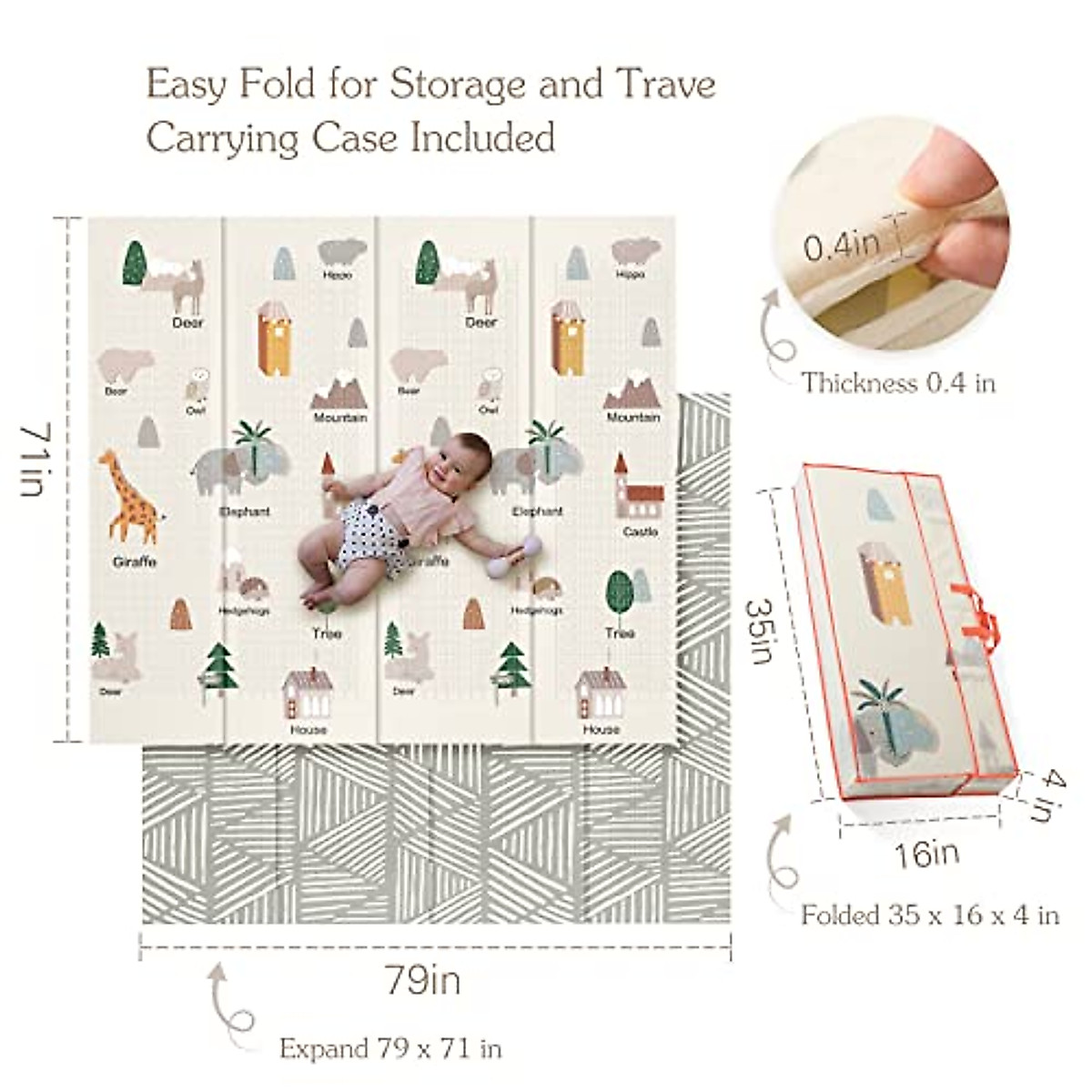 Baby Play Mat 79" X 71",Reversible Waterproof Foldable Foam Floor Padded Playmats for Babies,Toddlers, Extra Large Anti- Slip Baby Crawling Mat with Travel Bag, Play Pens & Tummy Time Indoor Outdoor