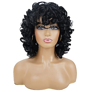 andromeda Curly Wigs for Black Women Soft Short Curly Wig with Bangs Afro Loose Curls Heat Resistant Synthetic Wig for African American Women (Black)