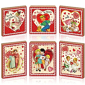 6 Pieces Vintage Valentine Decorations Retro Valentine's Day Wooden Sign Table Decor Farmhouse Valentines Tiered Tray Decor for Home Tabletop Shelf