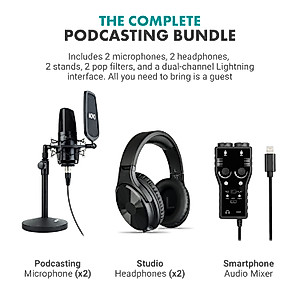 Movo iPhone Podcast Equipment Bundle for 2-2X Pro Condenser Podcast Microphone, 2X Studio Monitor Headphones, 2X Pop Filter, 2X Tabletop Mic Stand, Lightning Interface for iPhone, iPad, iOS