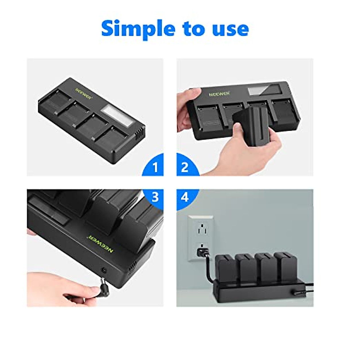 Neewer 4-Channel NP-F Battery Charger with LCD Screen & Power Adapter, Compatible with Sony NP-F550 F570 F750 F770 F930 F950 F960 F970 FM50 FM500H QM71 QM91 QM71D QM91D Camcorder Li-ion Batteries