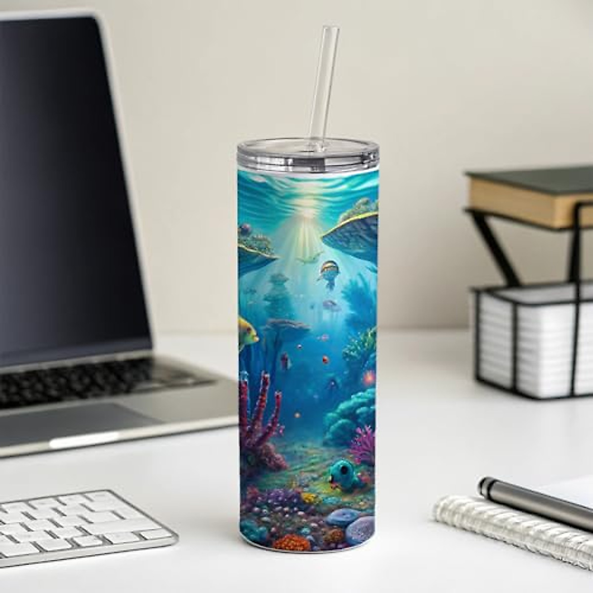Psychedelic Underwater Ocean Scene Skinny Tumbler 20oz with Straw Insulated Water Bottle Gift