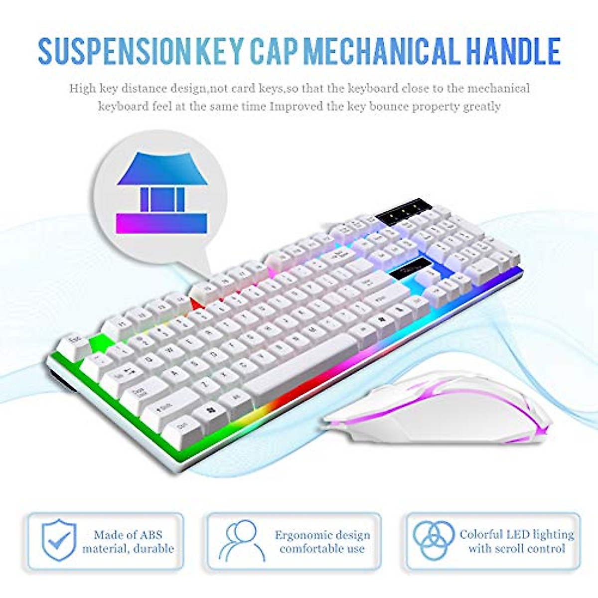 BenRan Wired Gaming Keyboard Rainbow Backlit Mechanical Keyboard Mouse Combo, LED 104 Keys USB Ergonomic Keyboard, Mouse for PC Gamer(White)