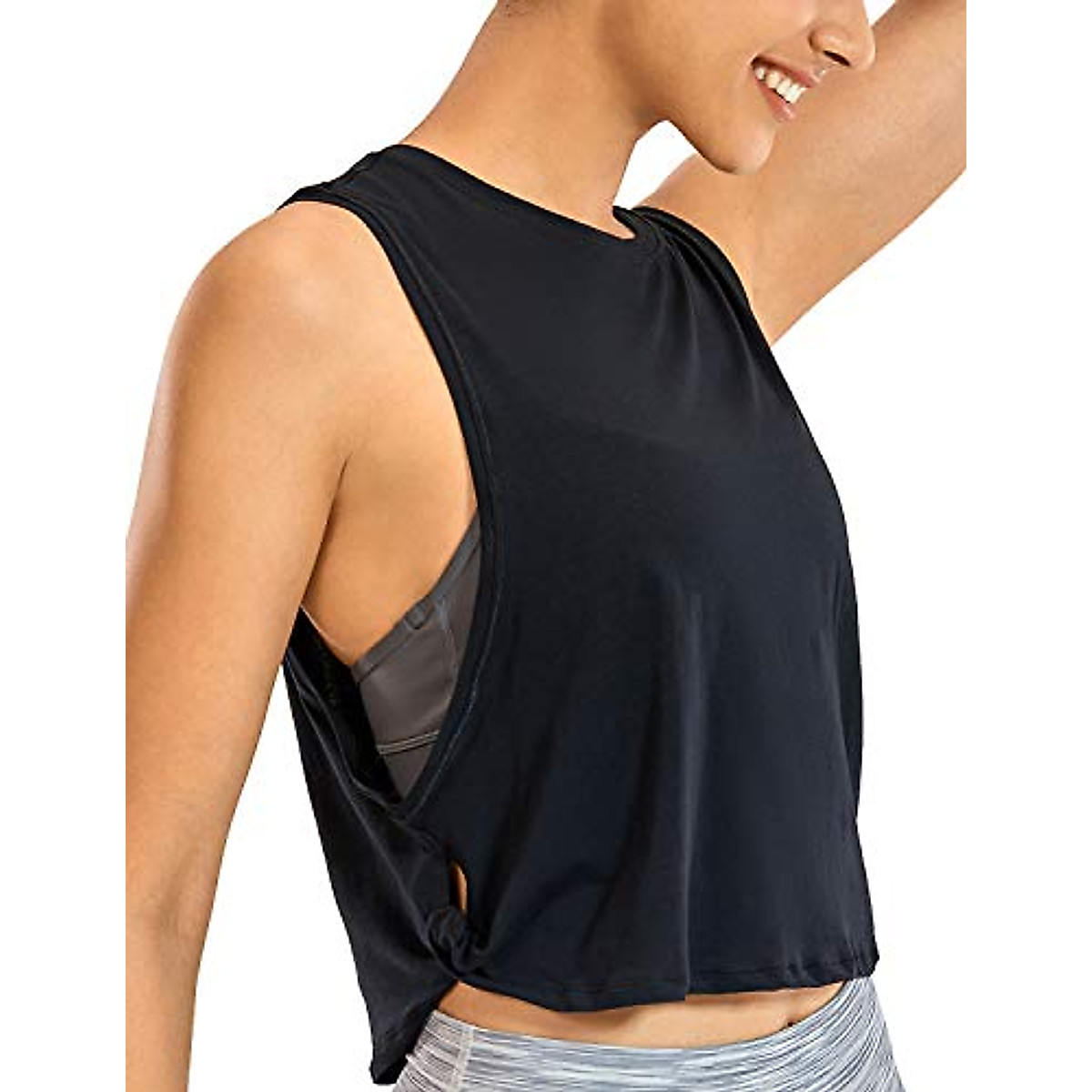 CRZ YOGA Pima Cotton Cropped Tank Tops for Women - Sleeveless Sports Shirts Athletic Yoga Running Gym Workout Crop Tops Deep Armhole-Black Small