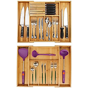 Bamboo Drawer Organizer for Kitchen, Expandable Utensil Tray,Wooden Drawer Divider Organizer