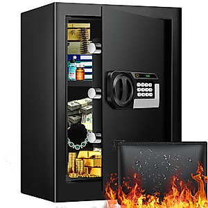 2.5 Cu ft Large Home Safe Fireproof Waterproof, Fireproof Safe with Fireproof Waterproof Document Bag, Combination Lock and Removable Shelf, Fire Safe Box for Home Important Documents Valuables