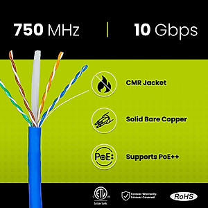 trueCABLE Cat6A Riser (CMR), 1000ft, Blue, 23AWG 4 Pair Solid Bare Copper, 750MHz, PoE++ (4PPoE), ETL Listed, Unshielded Twisted Pair (UTP), Bulk Ethernet Cable