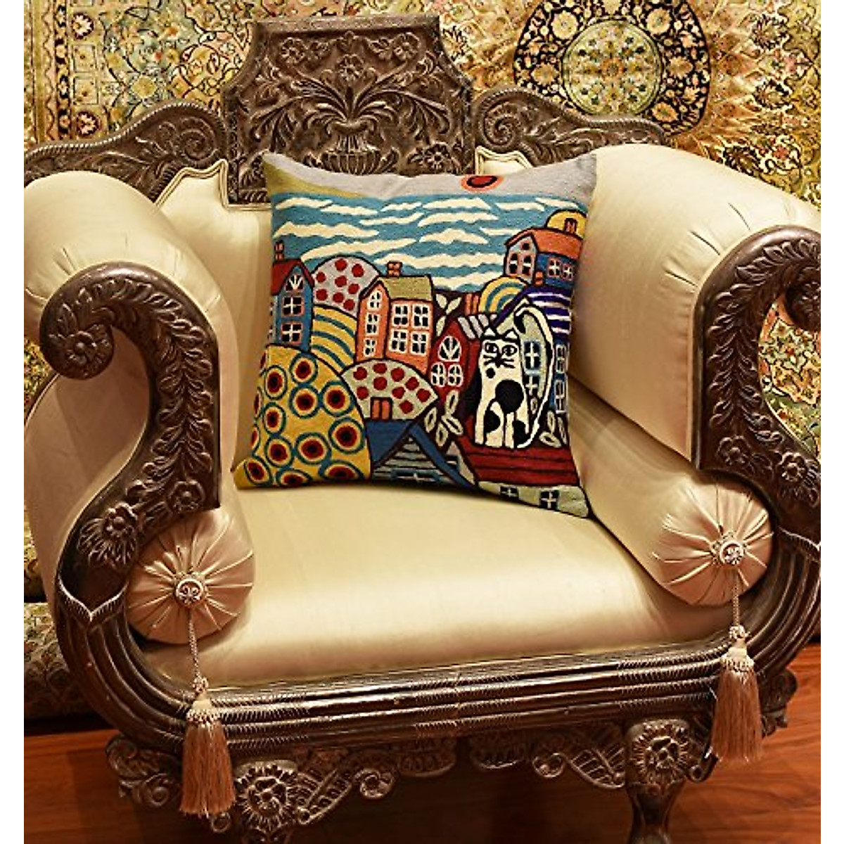 Kashmir Designs Blue Coastal Throw Pillow Cover | Karla Gerard Seaside Cat Pillow | Folklore Pillowcase | Nautical Chair Cushion | Flower Couch Pillow | Hand Embroidered Cushions Wool Size - 18x18