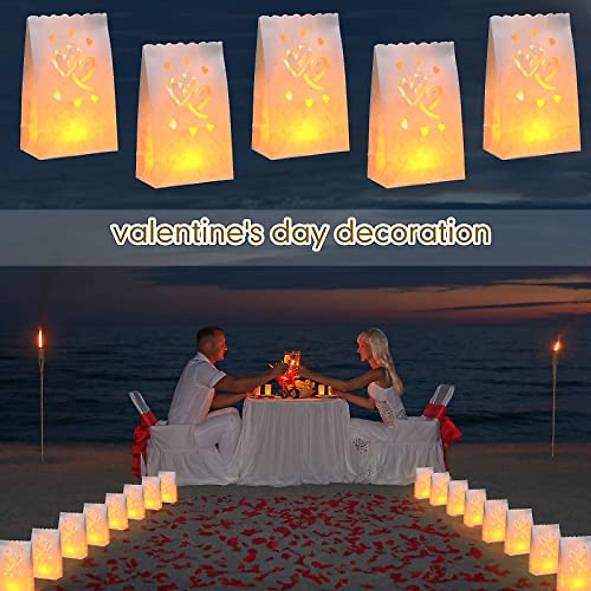 100 Pcs Valentine's Day White Luminary Bags Flame Resistant Candle Bags Hearts Design Valentines Luminaries Reusable Paper Lantern Bags Fire Retardant Candle Bags for Wedding Spring Engagement Event