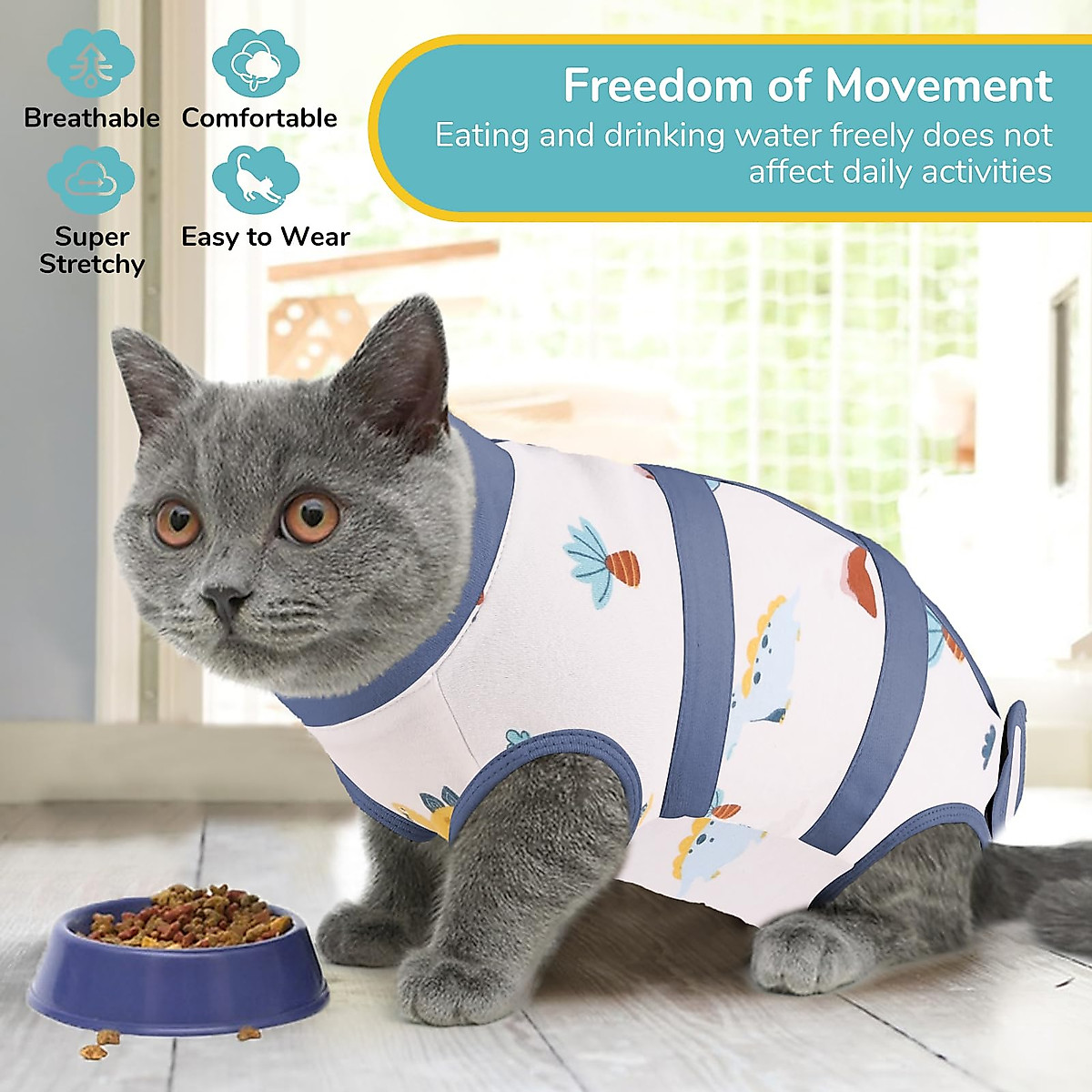 SUNFURA Cat Recovery Suit, Breathable Cat Surgery Recovery Suit Kitten Onesie for Cats After Surgery, Cat Surgical Spay Suit Male Female E-Collar Alternative Anti Licking Wounds, Blue L