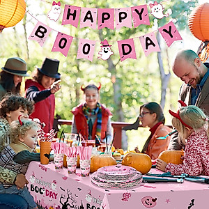 Halloween Happy Boo Day Baby Shower Party Decorations,Pink Ghost Pumpkin Disposable Tableware Paper Plates Napkins Cups Tablecloth Banner for Girl Halloween Birthday Baby Shower Party Supplies,Serve25