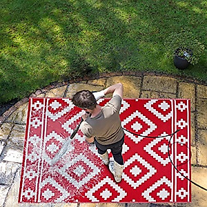 PLAYA RUG Reversible Indoor/Outdoor 100% Recycled Plastic Floor Mat/Rug - Weather, Water, Stain, Fade and UV Resistant - Milan- Red & White (8'x10')