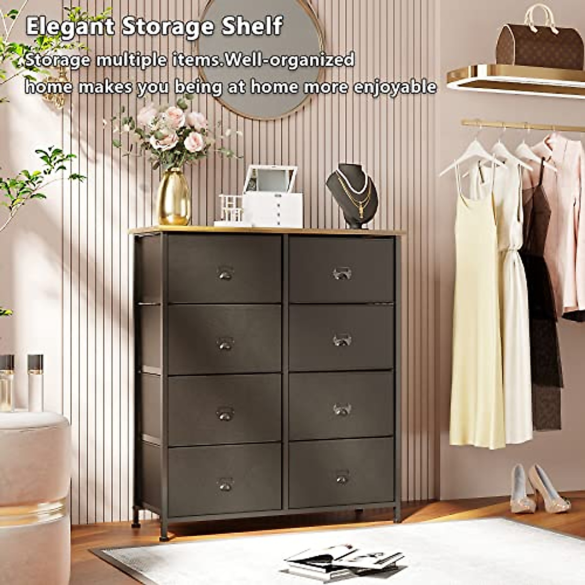 C&AHOME Fabric Dresser, Tall Double Dresser with 8 Drawers, Storage Tower with Fabric Bins, 4-Tier Wide Chest of Drawers for Closet, Bedroom, Living Room, Hallway, Rustic Brown and Black UDDST08B