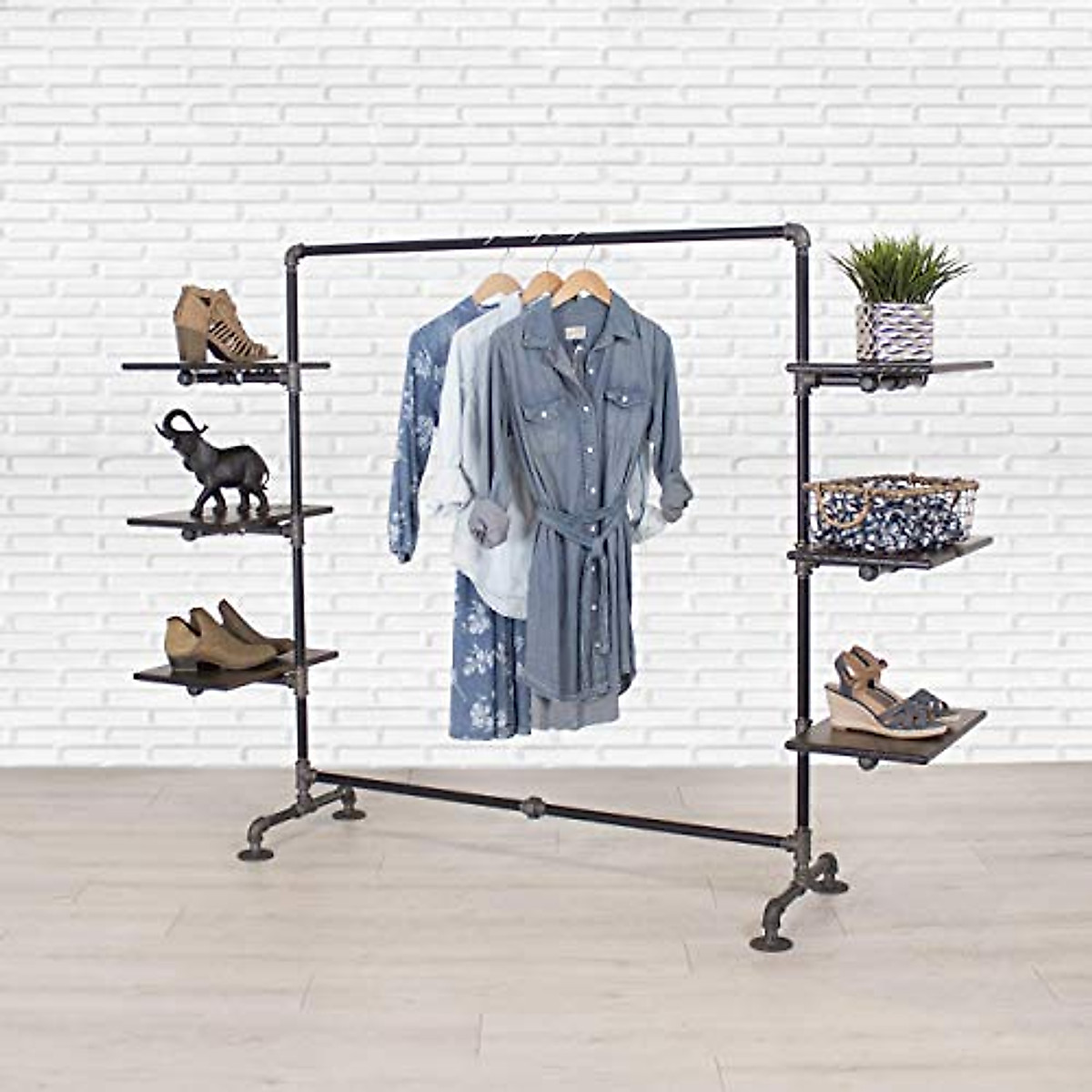 Industrial Pipe Clothing Rack with Wood Side Shelves by William Robert's Vintage