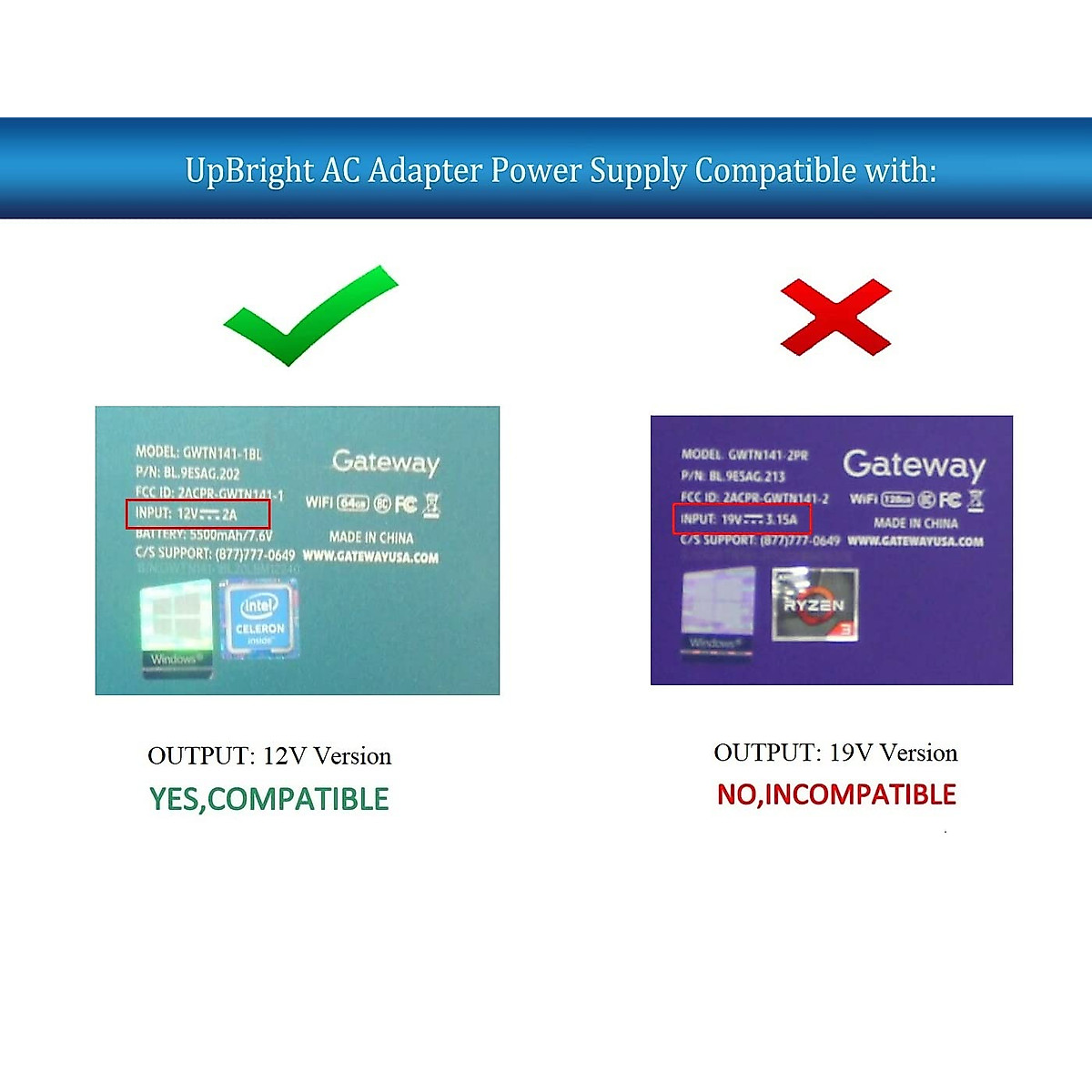 UpBright 12V AC/DC Adapter Compatible with Gateway GWTN141-1 GWTN141-1BK GWTN141-1BL GWTN141-1GR GWTN141-1PR N14DP1 GWTN141-5 GWTN141-5BK GWTN141-5BL GWTN141-5PR GWTN141-5GR 2A Power Supply Charger PS