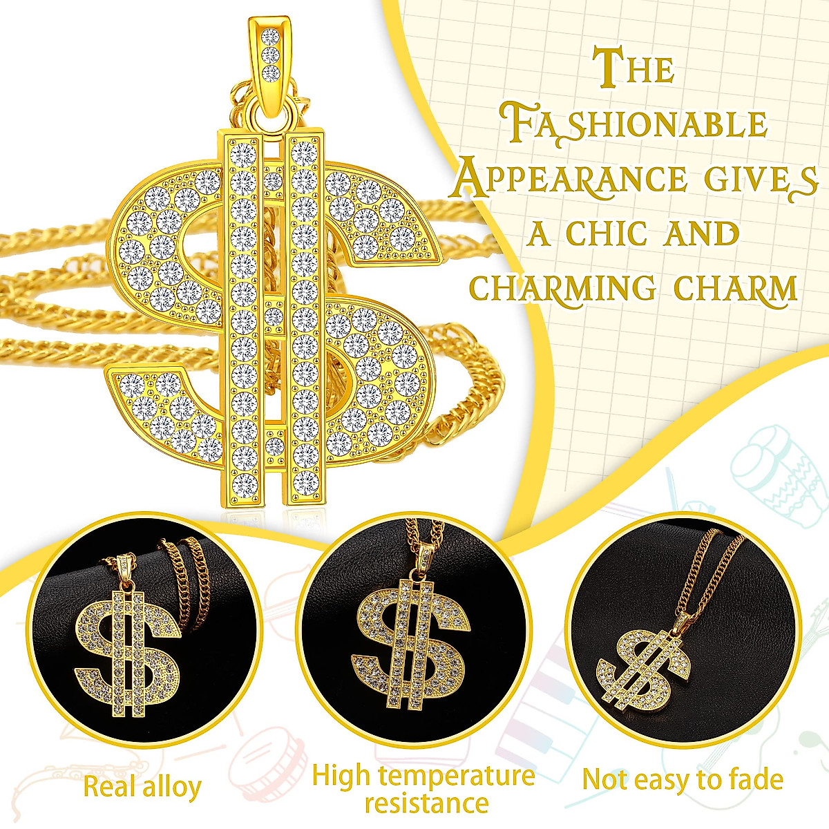 Tatuo 2 Pieces Plated Chain for Men with Dollar Sign Pendant Necklace, Hip Hop Dollar Necklace (Gold,Trendy Style)