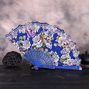 DUO ER Chinese Style Hand Held Folding Dance Fan Wedding Party Lace Folding Hand Held Flower Fan Summer Wedding Fan Party (Color : Blue)