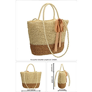 So'each Women's Handbag Color Matching Bow Wicker Woven Rattan Straw Tote Shoulder Bag Beige