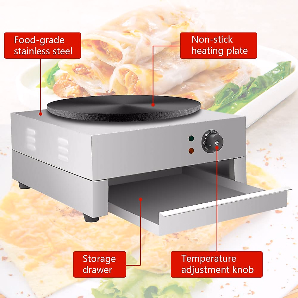Crepe Maker Machine 16" Pancake big Hotplate Non Stick (Electric 3000W) Adjustable Temperature for Commercial