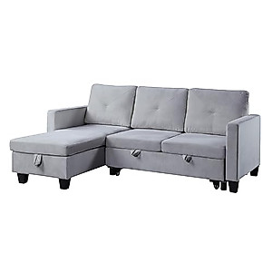 Lilola Home Nova 82.5" W Light Gray Velvet Reversible Sleeper Sectional Sofa with Storage Chaise